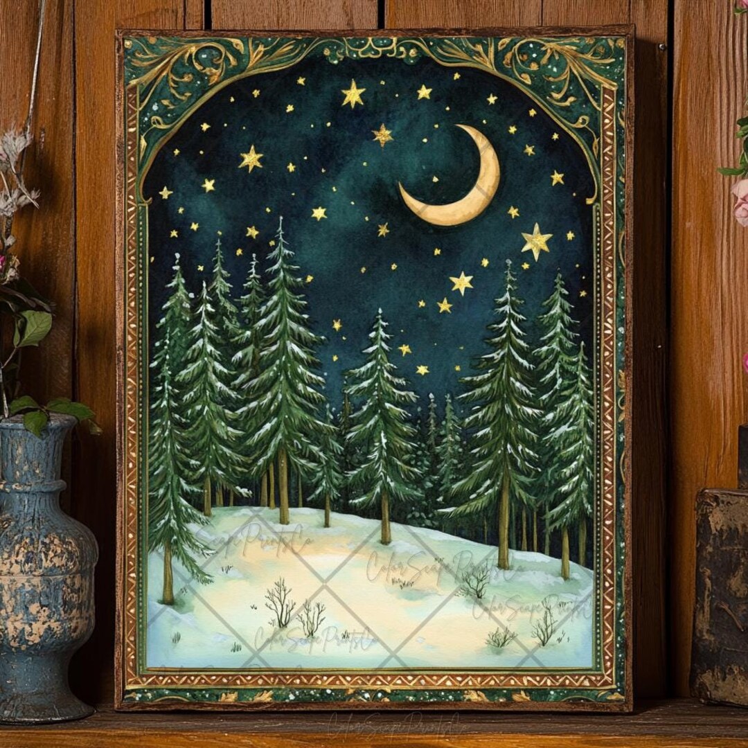 Moon and Stars Print Dark Forest Painting Winter Landscape Print ...
