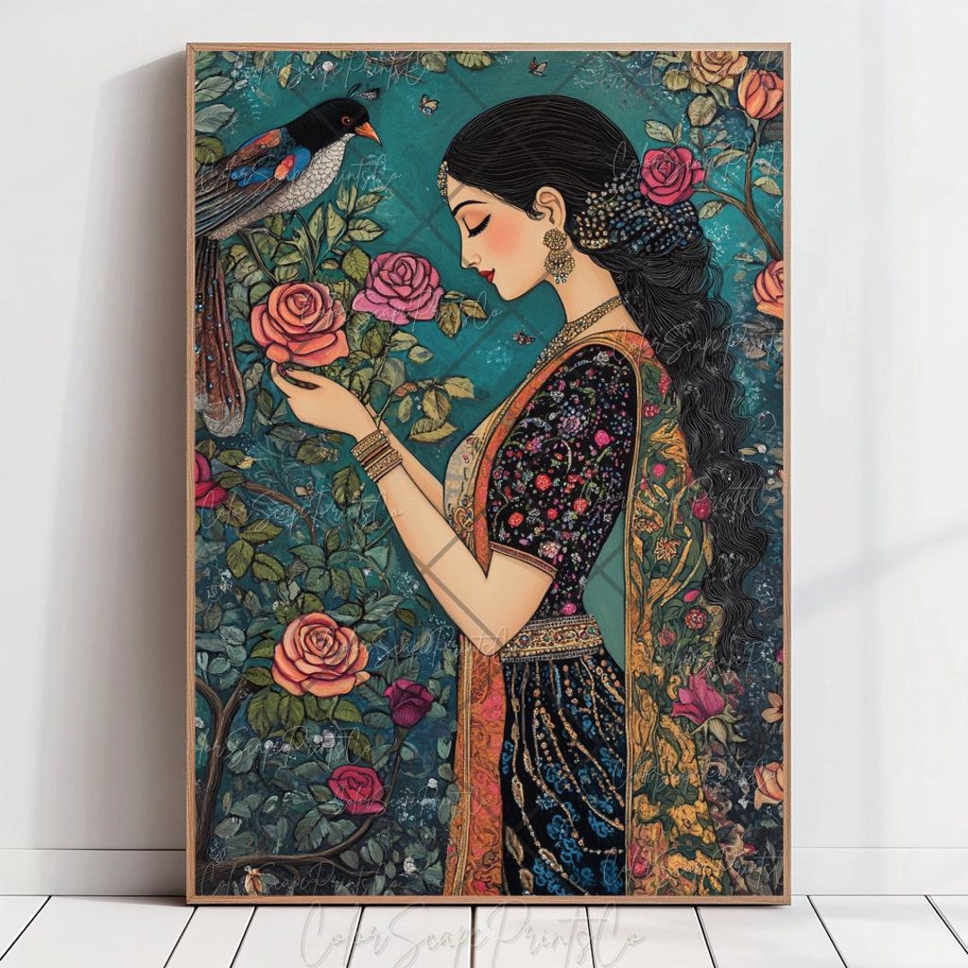 Traditional Indian Painting Woman in Garden Painting Indian Woman Print ...