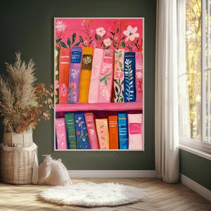 Pink Book Stack Art Pastel Bookshelf Print Colorful Book Print ...