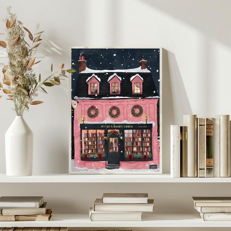 Winter Bookstore Painting Christmas Bookshop New York Bookstore Poster ...