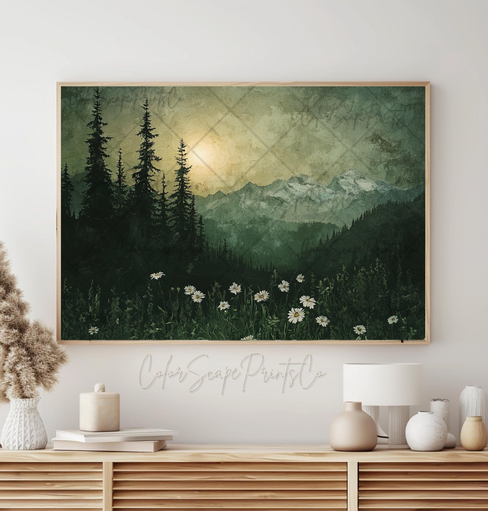 Moonlit Pine Tree Forest Painting Wildflower Mountain Print Night ...