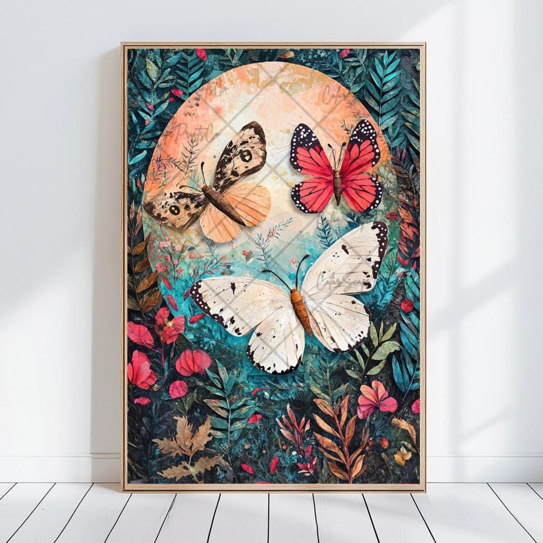 Butterfly Painting Vintage White Butterfly Print Colorful Wall Art ...