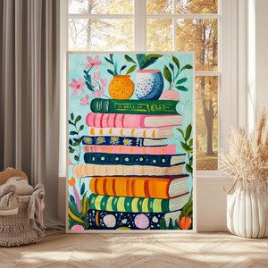 Pastel Book Stack Wall Art Floral Bookshelf Print Cozy Reading Nook ...