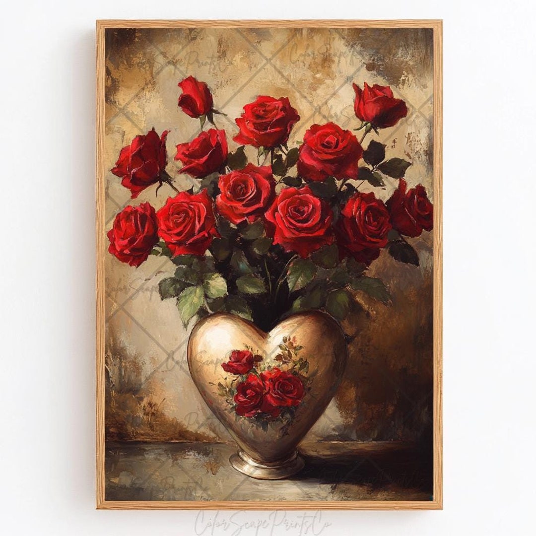 Red Roses Painting Heart Shaped Vase Print Red Roses Bouquet Print ...