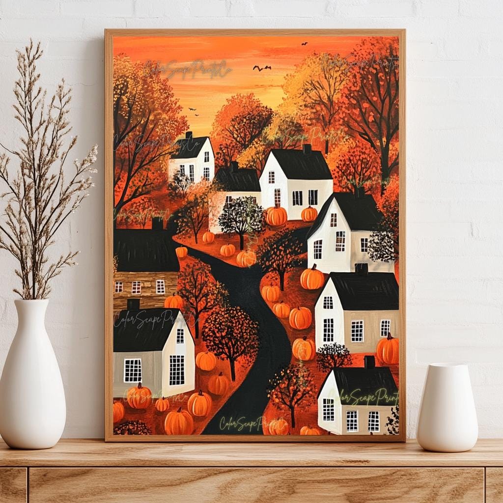 Autumn Cottage Art Cozy Fall Printable Art Fall Village Folk Art Print ...
