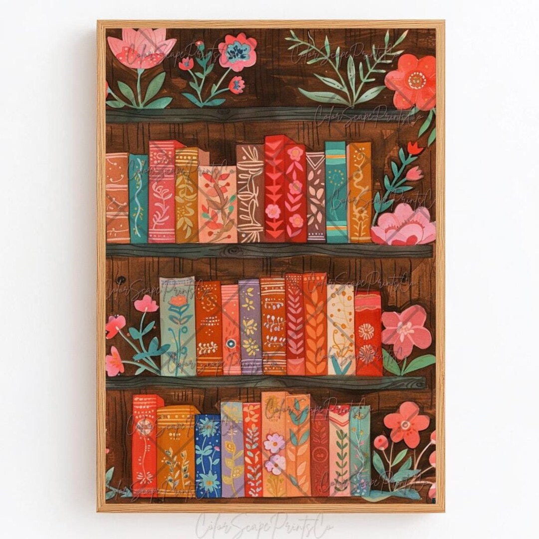 Bookshelf Print Stack of Books Painting Floral Bookshelf Illustration ...