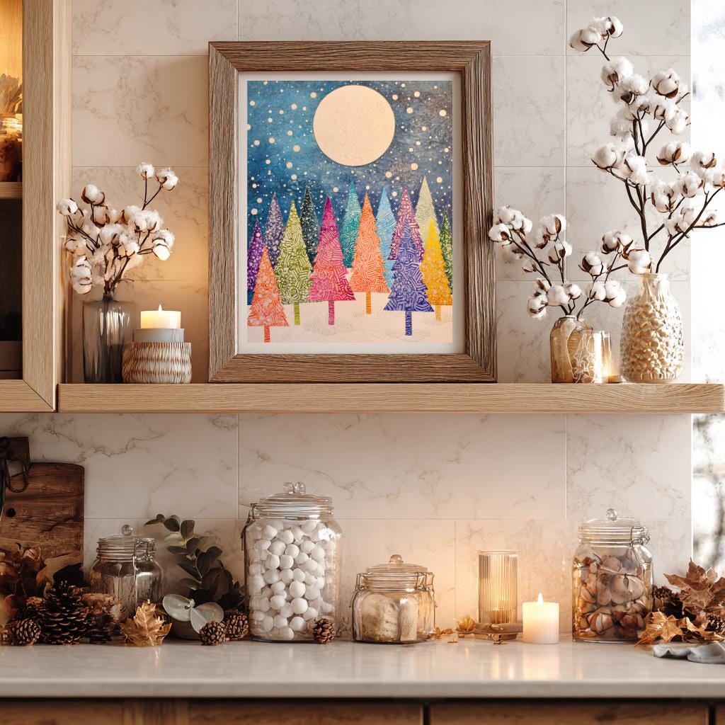 Rainbow Christmas Tree Print Christmas Village Wall Art Whimsical ...