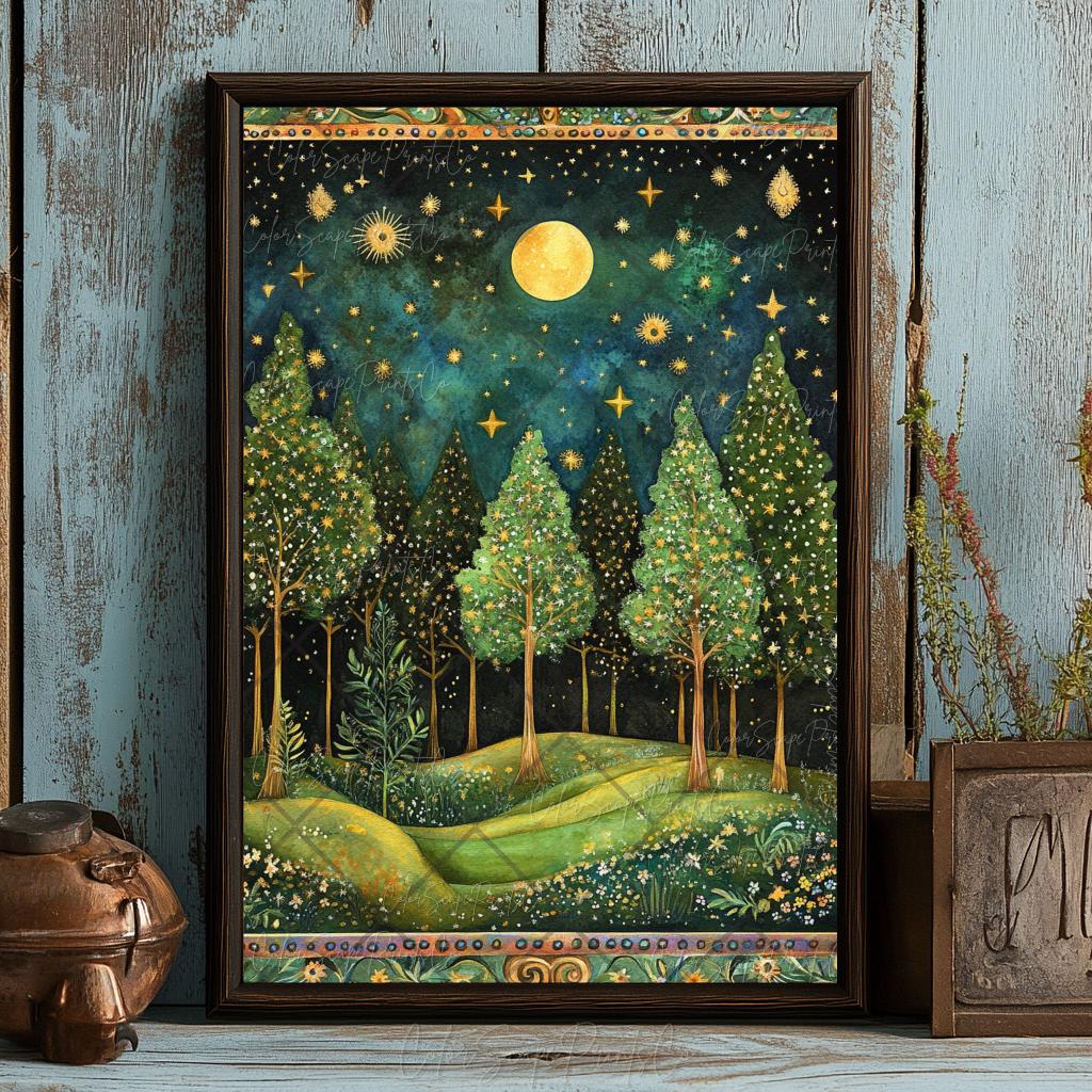 Moonlit Pine Tree Forest Print Moon and Stars Wall Art Dark Forest ...