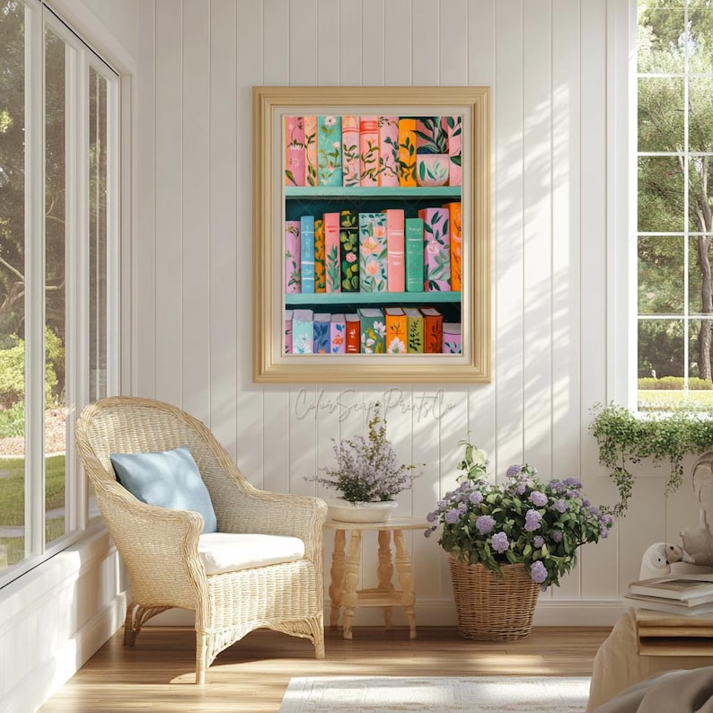Whimsical Bookshelf Print Pink Bookstore Wall Art Book Stack Painting ...