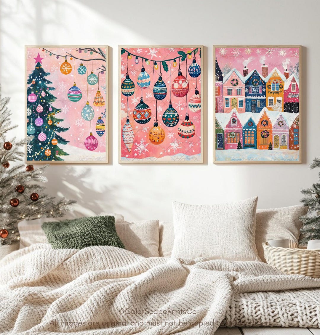 Christmas Wall Art Set of 3 Pastel Holiday Prints Whimsical Christmas ...