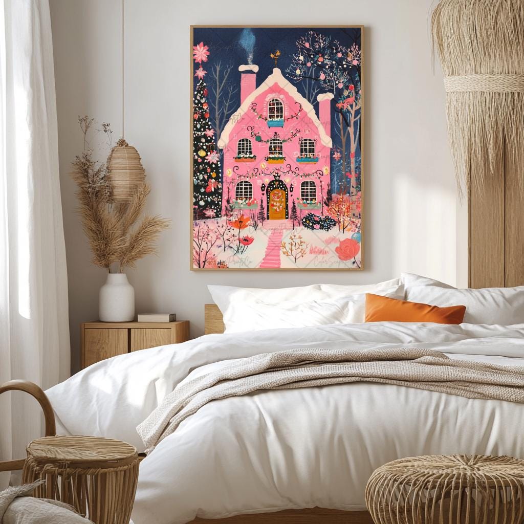 Pink Christmas House Print Christmas Winter Village Print Pink ...
