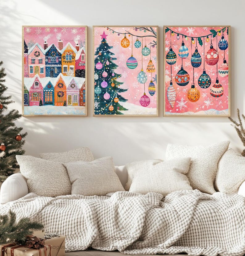 Christmas Wall Art Set of 3 Pastel Holiday Prints Whimsical Christmas ...