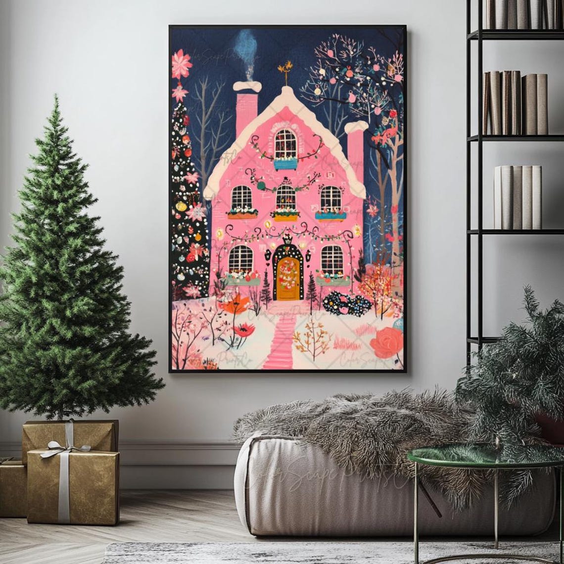 Pink Christmas House Print Christmas Winter Village Print Pink ...