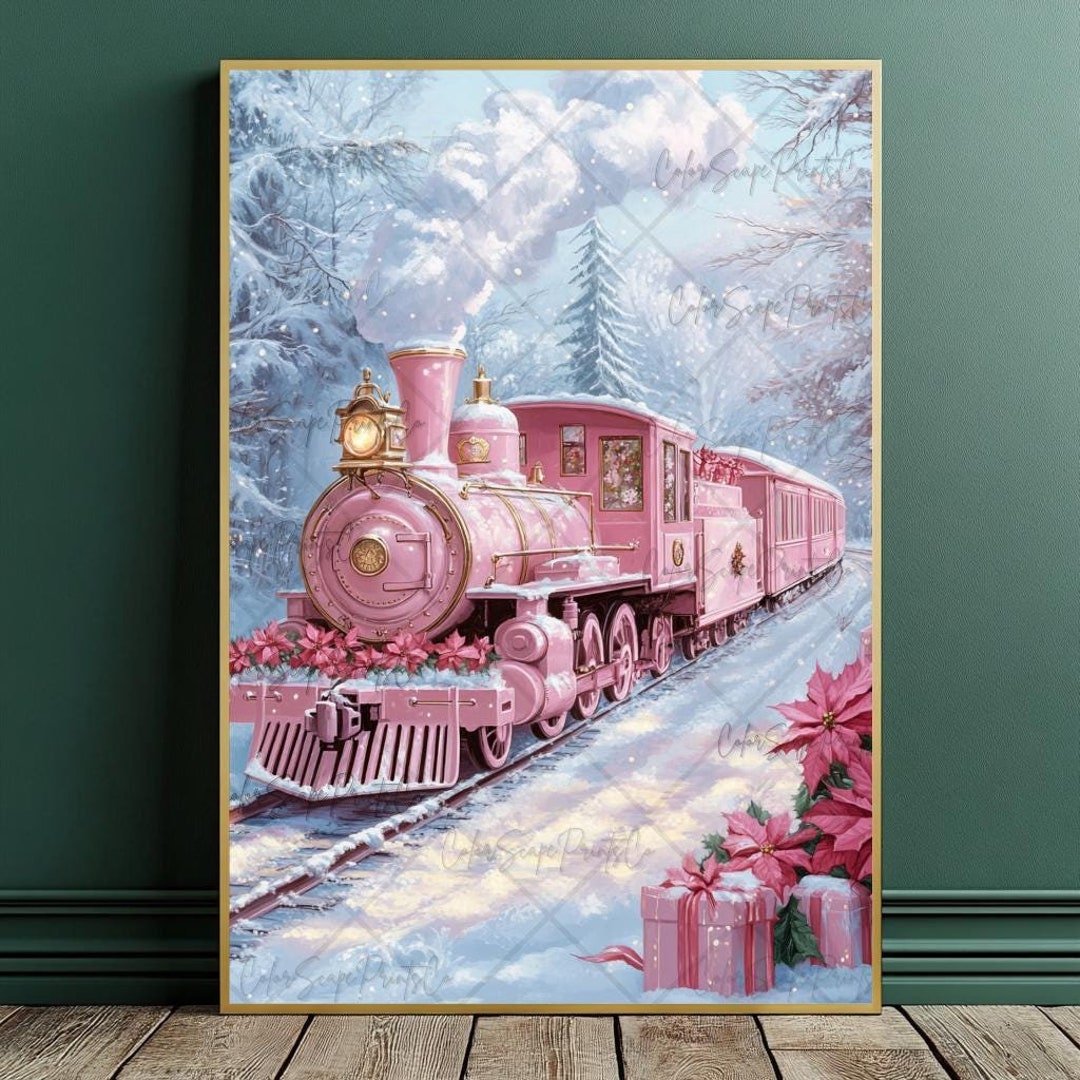 Pink Christmas Train Polar Express Train Painting Pink Landscape Print ...
