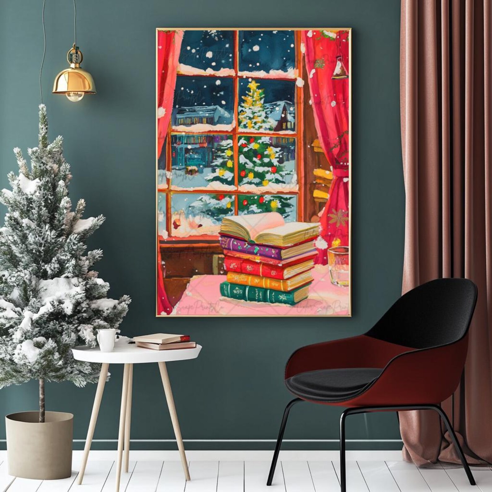 Christmas Reading Art Festive Book Stack Painting Print Anime Christmas ...