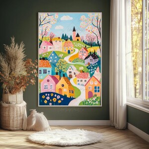 Colorful Spring Village Wall Art Easter Village Print Countryside ...
