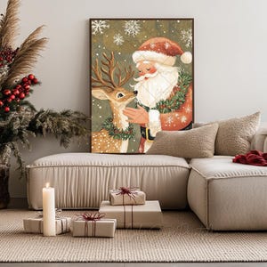 Santa Reindeer Printable Christmas Wall Art Reindeer Painting Christmas ...