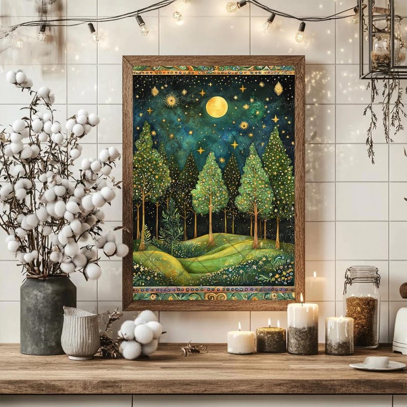 Moonlit Pine Tree Forest Print Moon and Stars Wall Art Dark Forest ...
