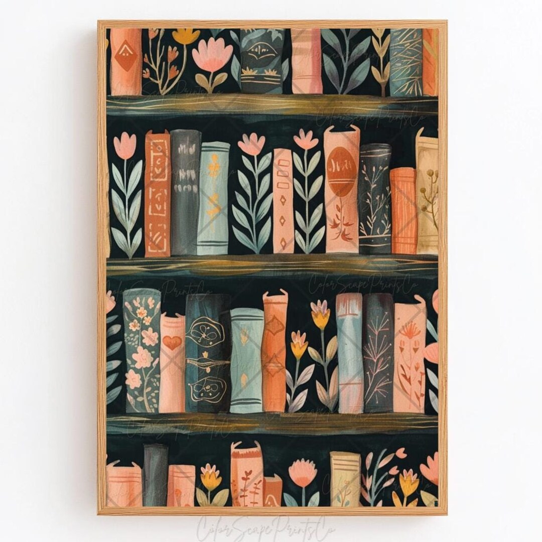Bookshelf Print Floral Bookshelf Illustration Book Lover Print Stack of ...
