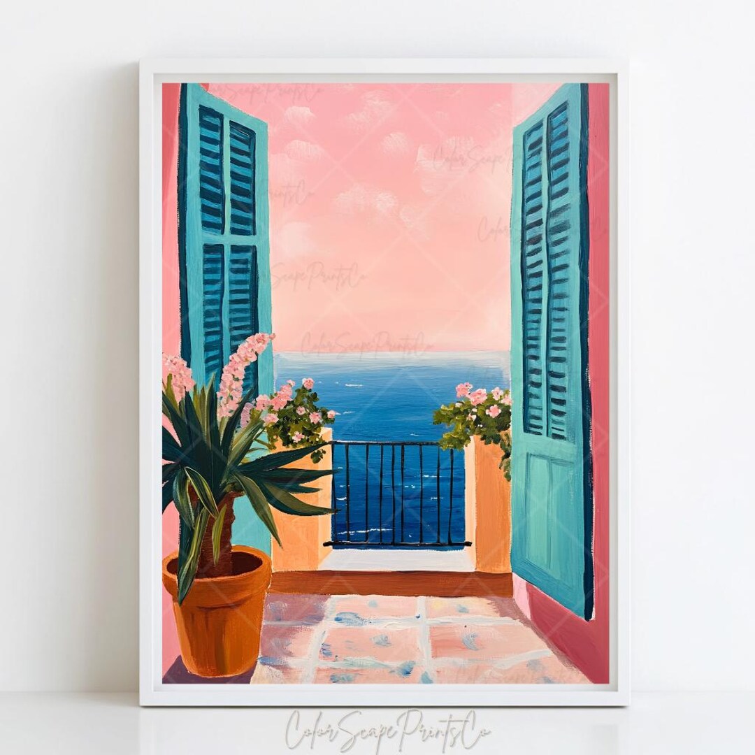 Mediterranean Window View Wall Art Seaside Ocean Balcony Poster Open ...