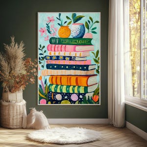 Pastel Book Stack Wall Art Floral Bookshelf Print Cozy Reading Nook ...