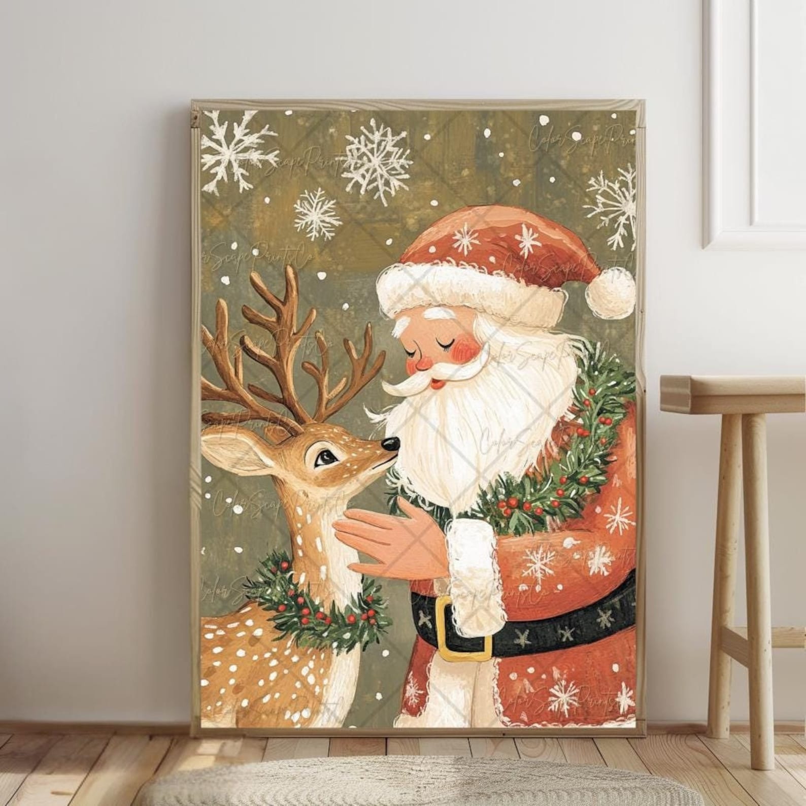 Santa Reindeer Printable Christmas Wall Art Reindeer Painting Christmas ...