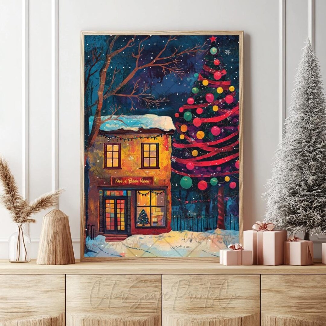 Winter Bookstore Print Christmas Bookshop Print Snowy Bookshop Art ...