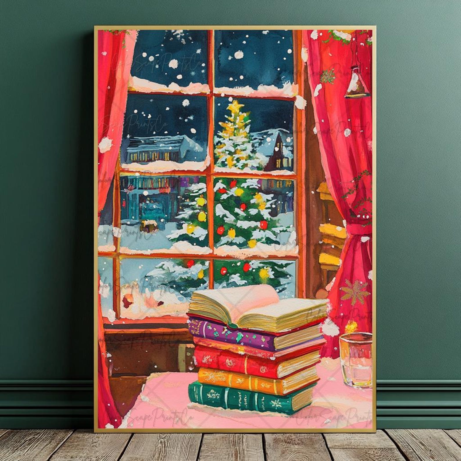 Christmas Reading Art Festive Book Stack Painting Print Anime Christmas ...