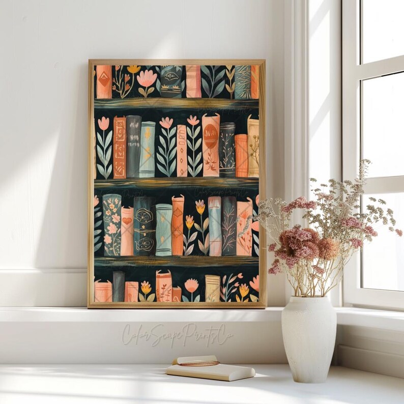 Bookshelf Print Floral Bookshelf Illustration Book Lover Print Stack of ...