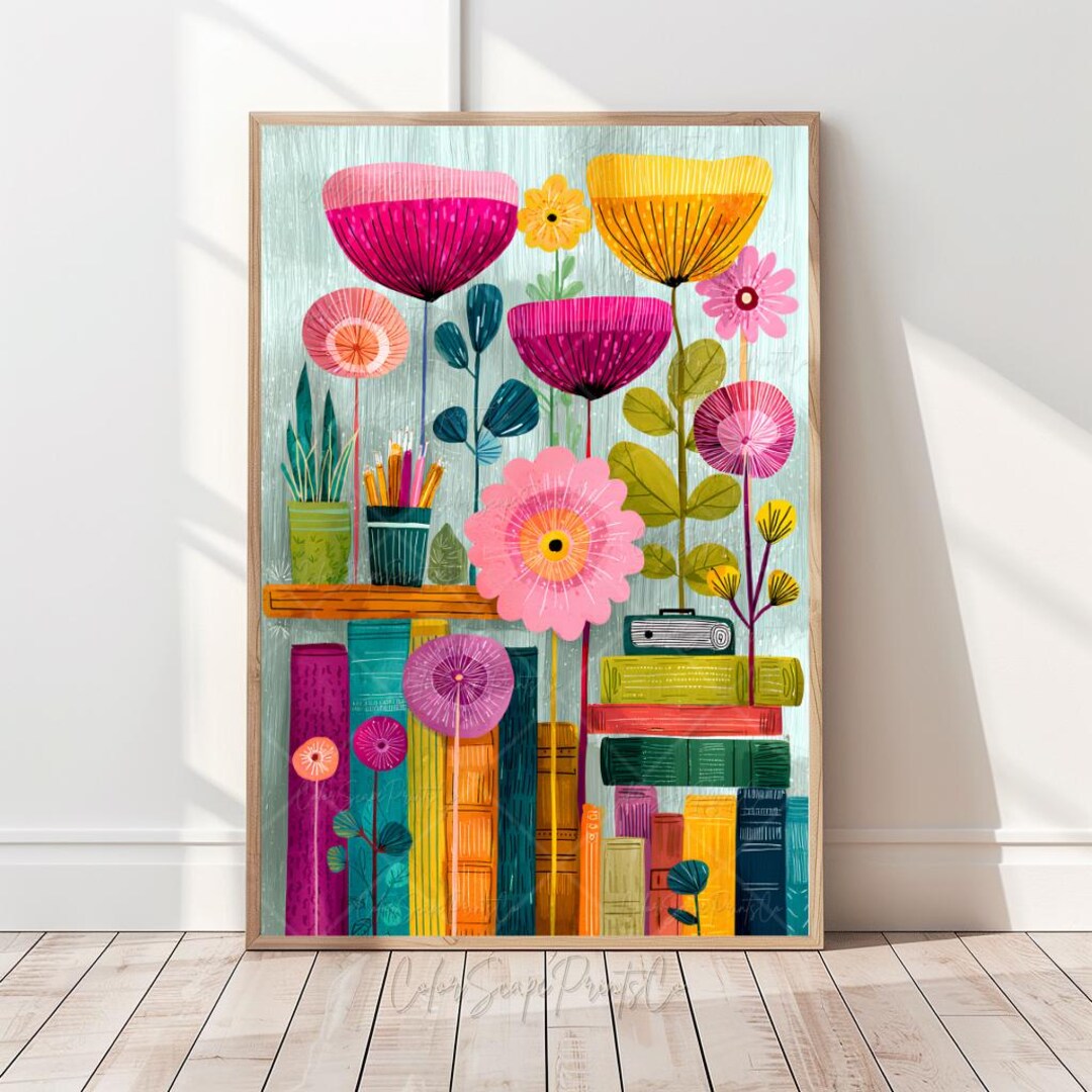 Colorful Bookshelf Print Bright Book Nook Decor Vibrant Books Art ...