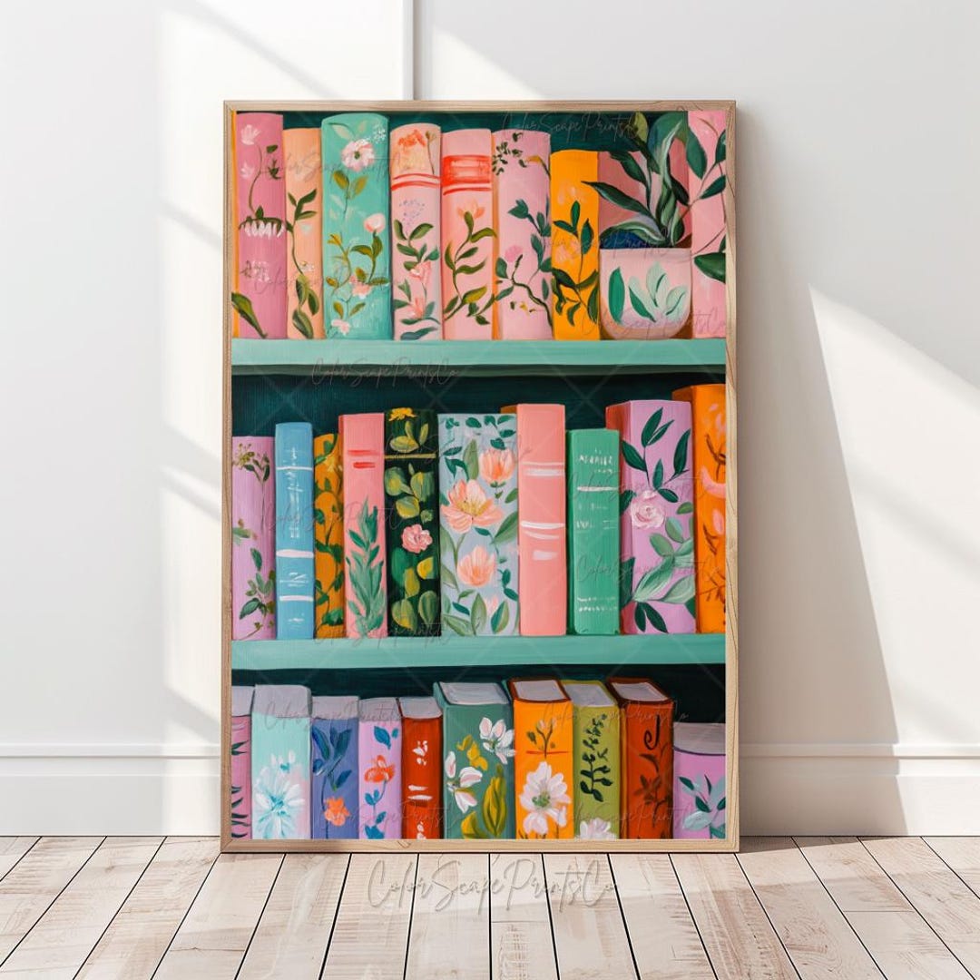 Whimsical Bookshelf Print Pink Bookstore Wall Art Book Stack Painting ...