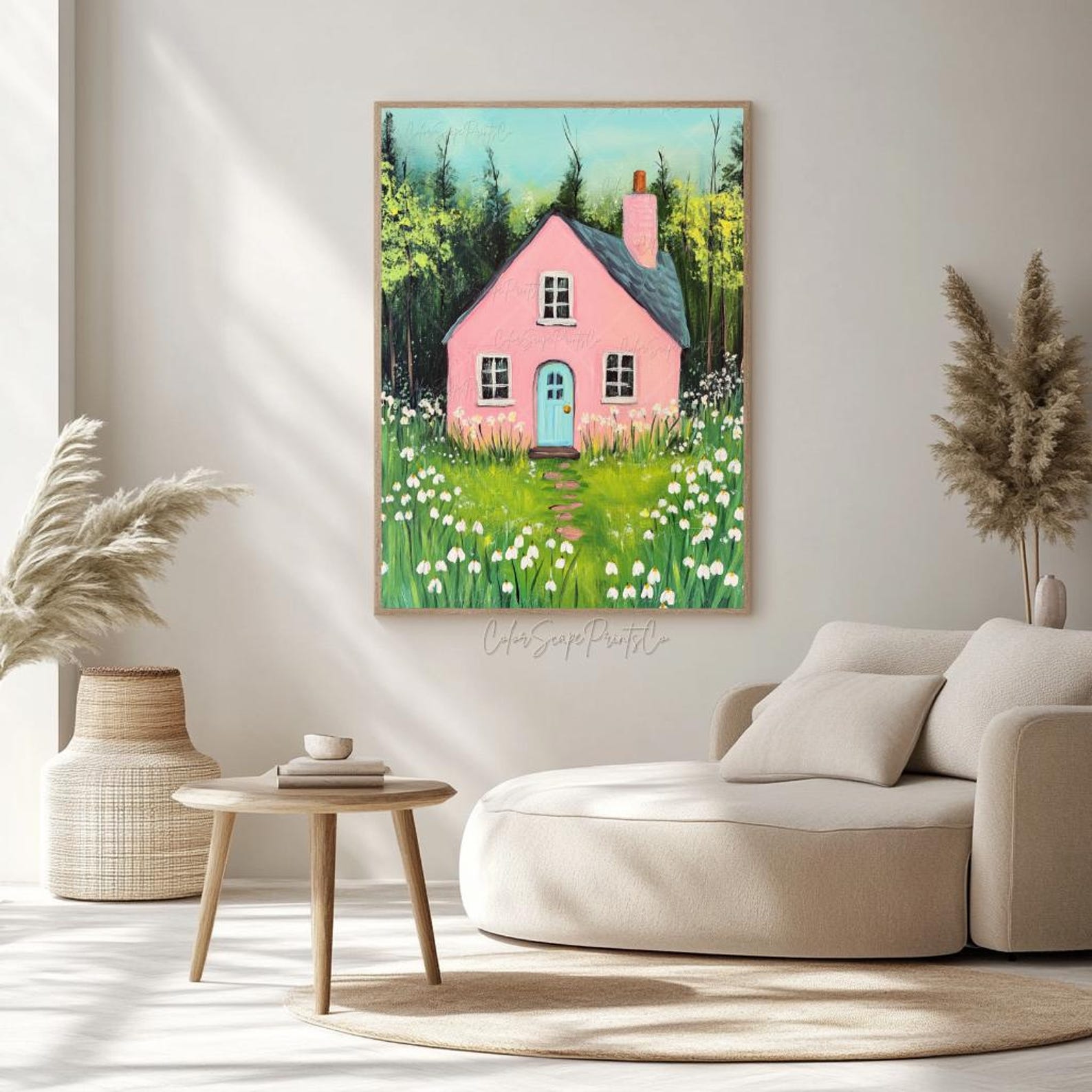 Spring Cottage Garden Print Pink House Print Snowdrop Flower Landscape ...