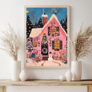 Pink Christmas House Print Winter Village Holiday Houses Decor Winter ...
