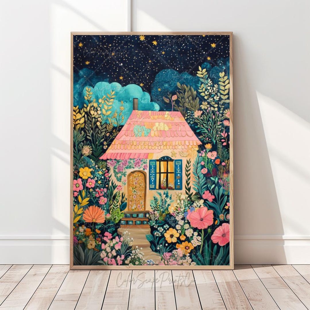 Whimsical Cottage Garden Wall Art Whimsical Garden Print Cozy Pink ...