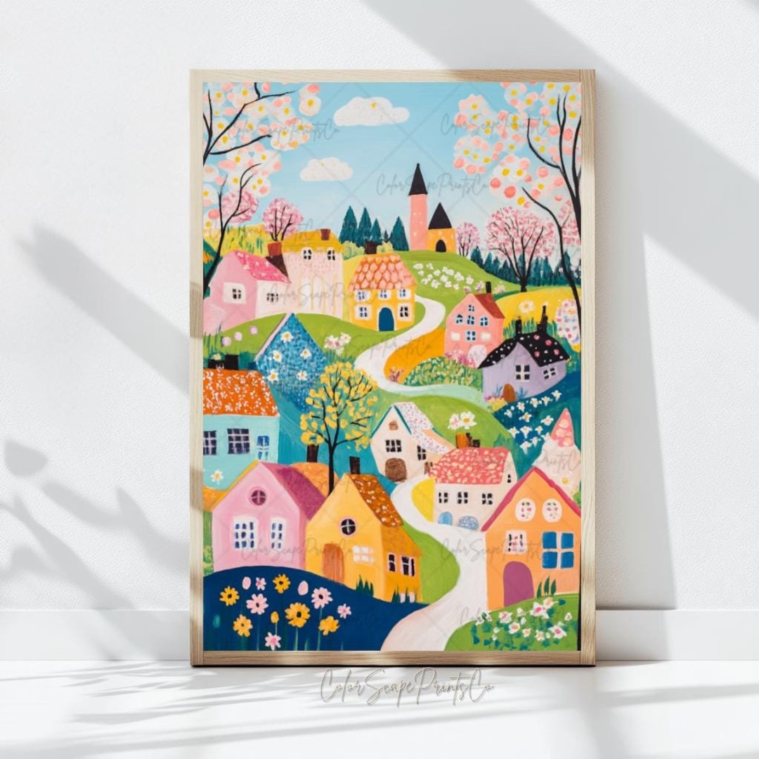 Colorful Spring Village Wall Art Easter Village Print Countryside ...