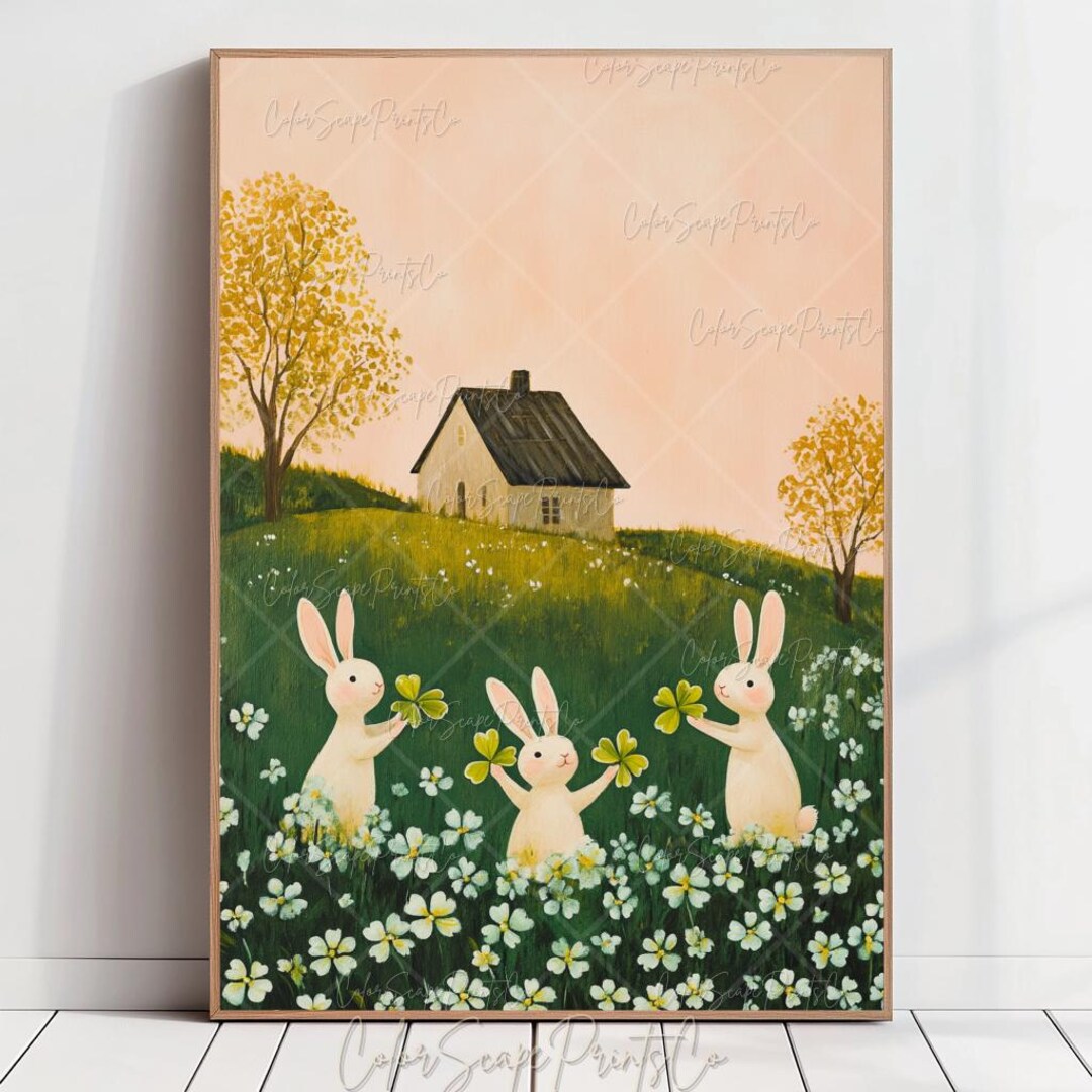 Cute Bunnies Playing With Four Leaf Clover Print St Patricks Day Print ...