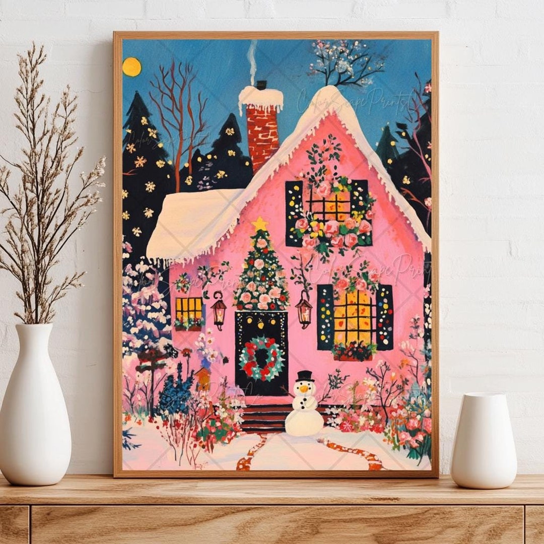 Pink Christmas House Print Winter Village Holiday Houses Decor Winter ...