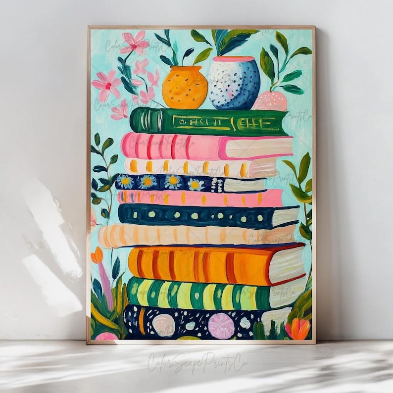 Pastel Book Stack Wall Art Floral Bookshelf Print Cozy Reading Nook ...