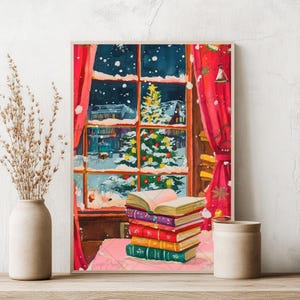 Christmas Reading Art Festive Book Stack Painting Print Anime Christmas ...