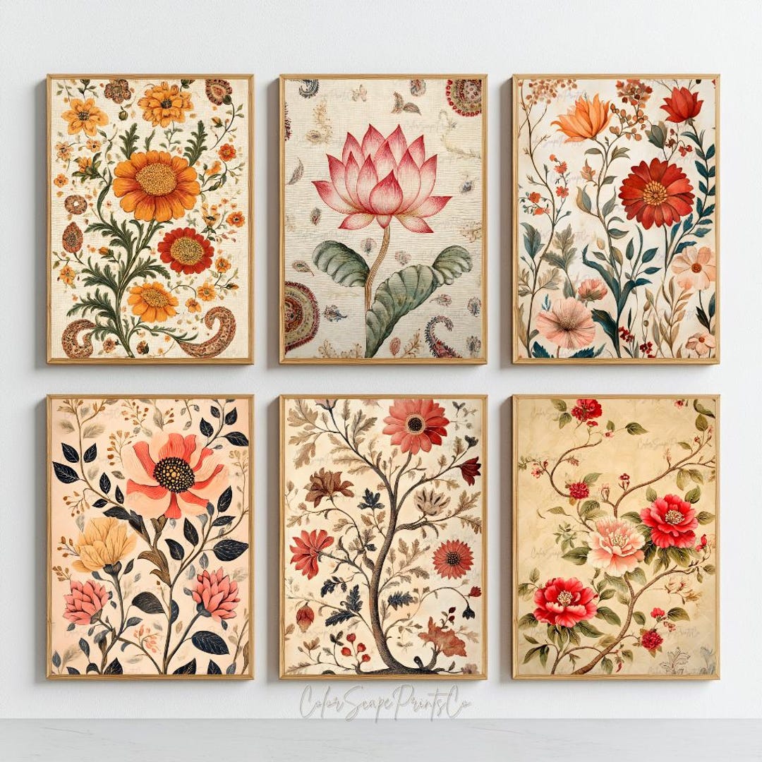 Indian Floral Art Print Set of 6 Mughal Style Flower Print Indian Folk ...
