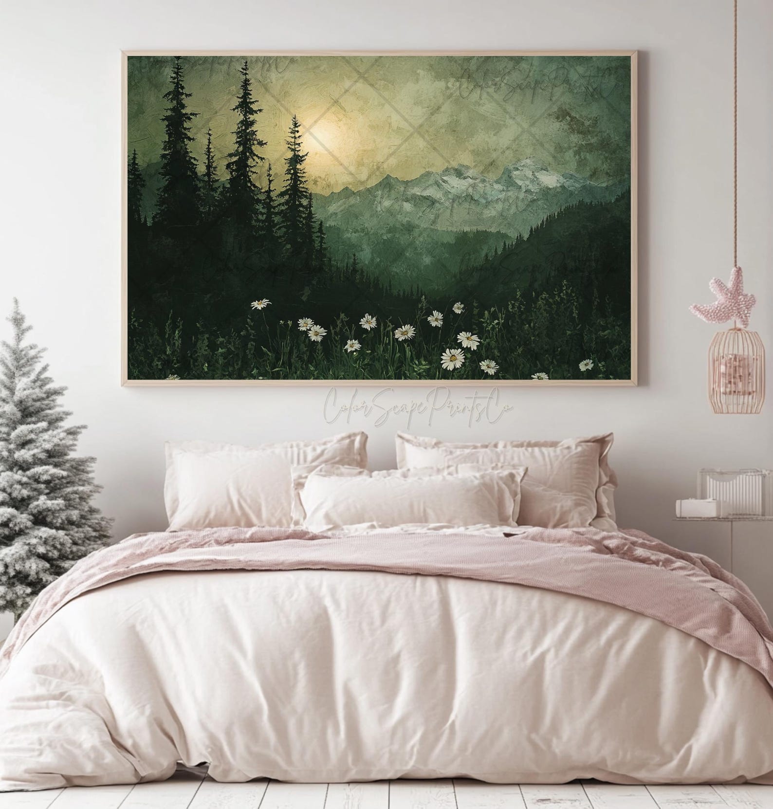 Moonlit Pine Tree Forest Painting Wildflower Mountain Print Night ...