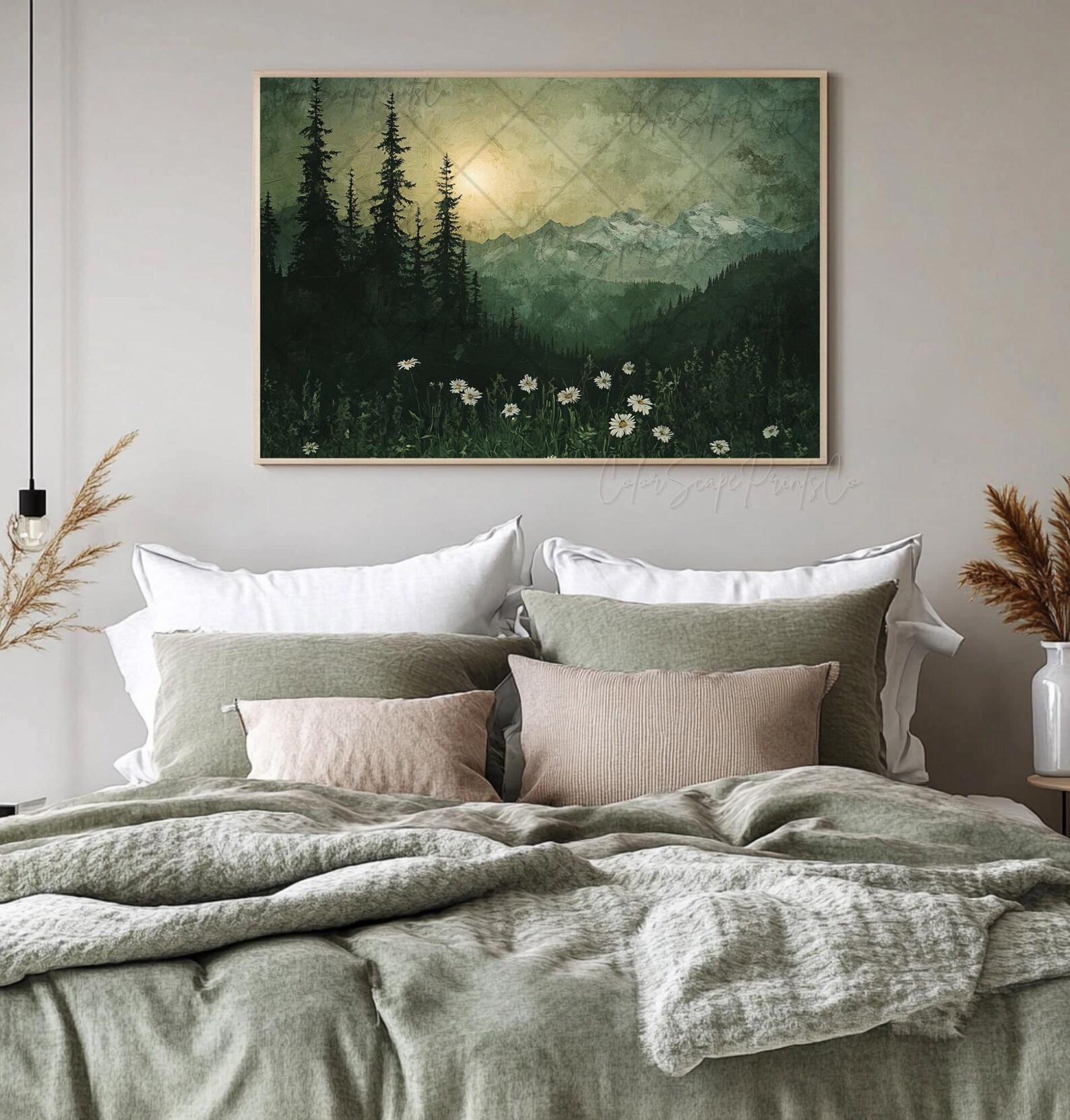 Moonlit Pine Tree Forest Painting Wildflower Mountain Print Night ...