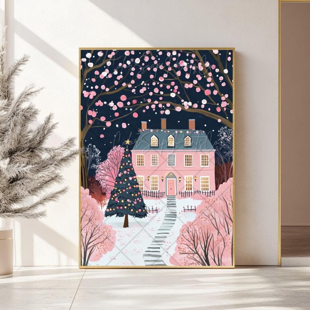 Pink Christmas House Print Pink Christmas Wall Art Pink Winter ...