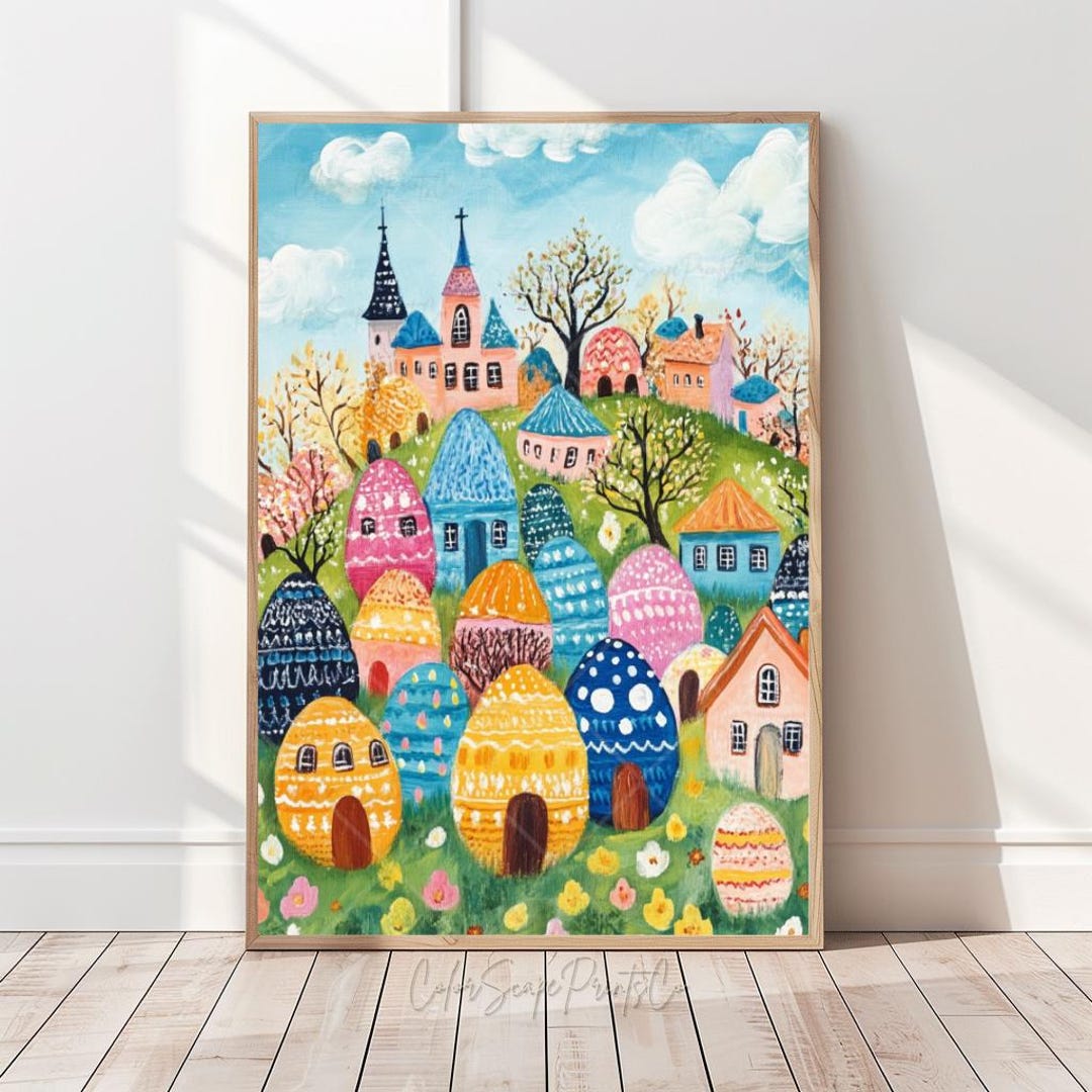 Whimsical Easter Art Spring Village Wall Art Colorful Easter Village ...