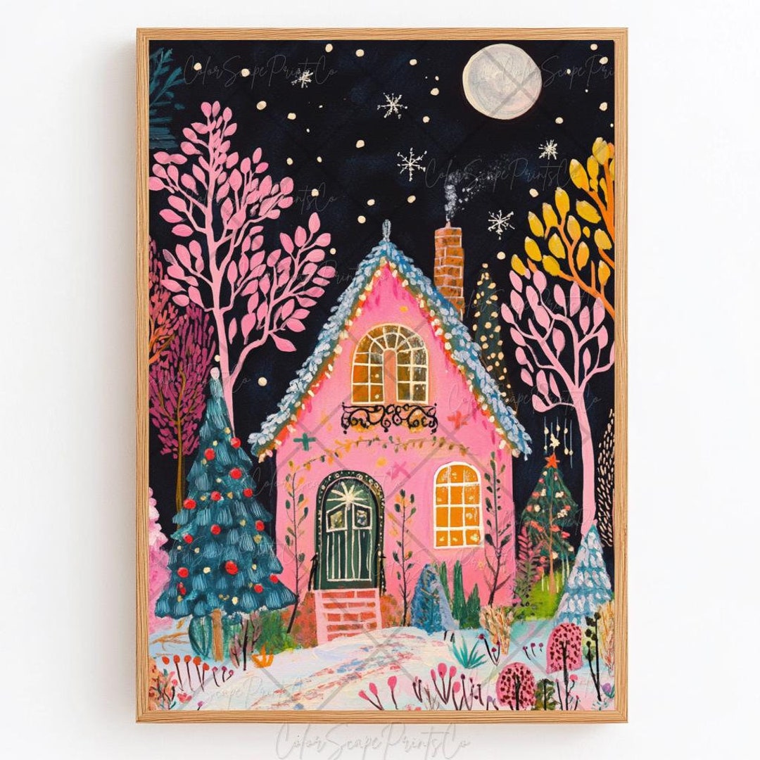 Pink Christmas House Print Winter Village Holiday Houses Decor Winter ...
