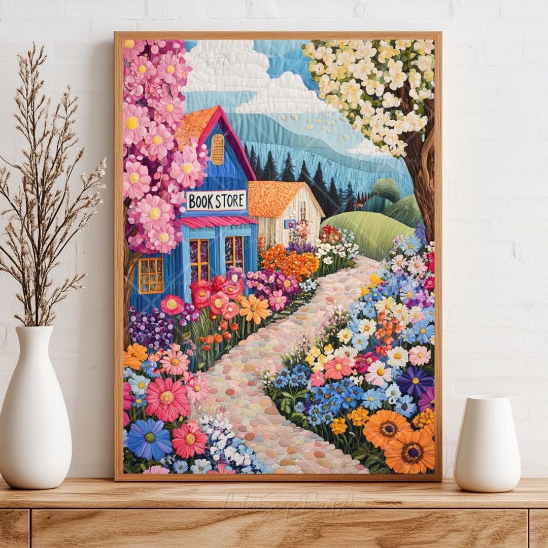 Spring Bookstore Print Bookshop Poster Whimsical Floral Village Decor ...
