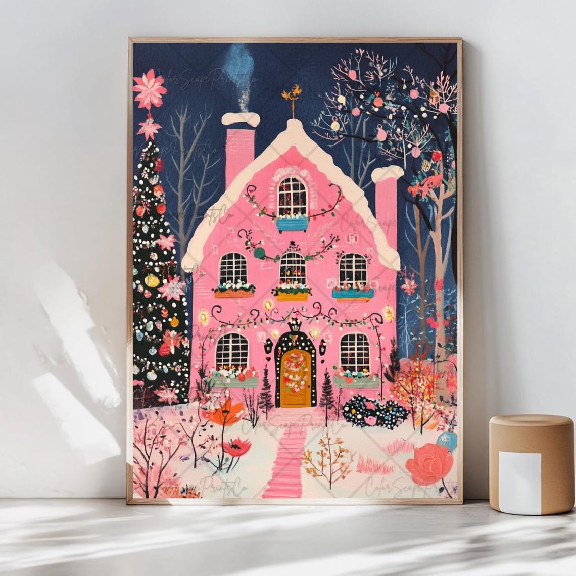 Pink Christmas House Print Christmas Winter Village Print Pink ...
