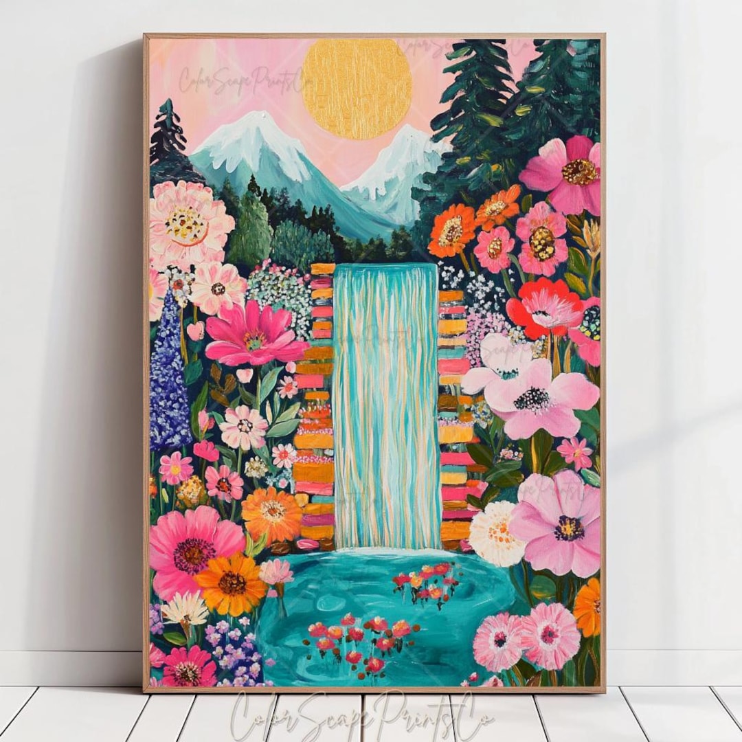 Cute Waterfall Painting Pastel Landscape Art Whimsical Nature Print ...