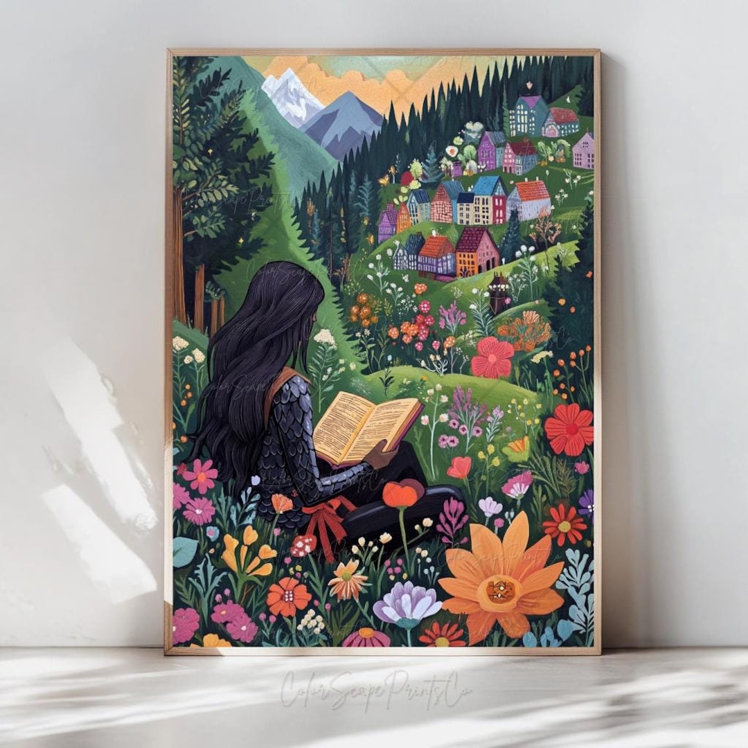Girl Reading Book Art Reading Woman Painting Cozy Garden Print Colorful ...