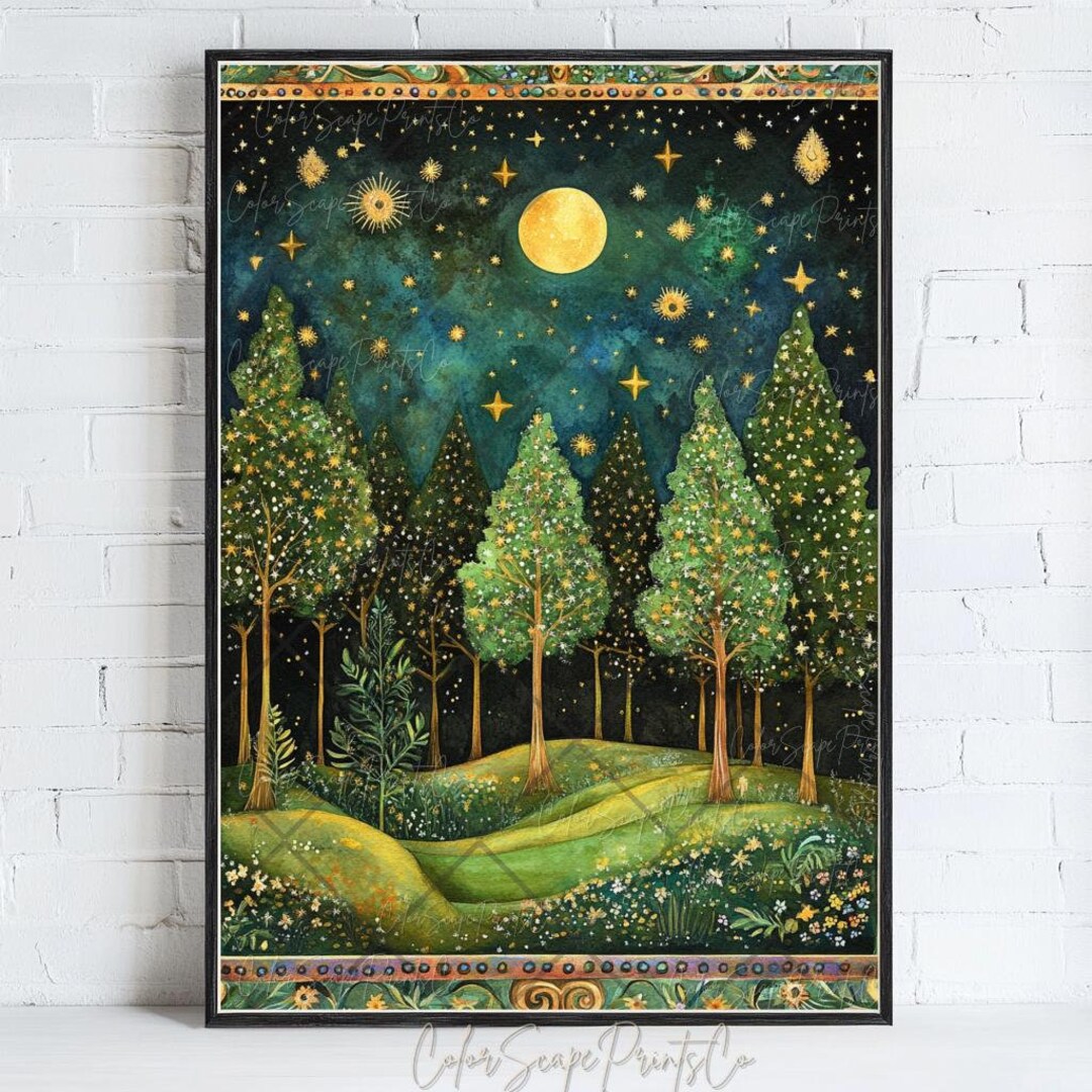 Moonlit Pine Tree Forest Print Moon and Stars Wall Art Dark Forest ...